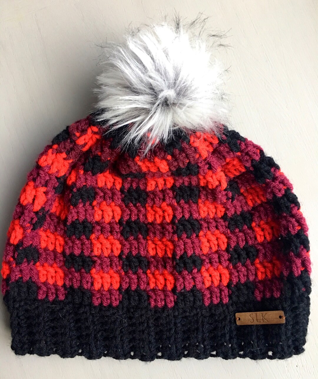 Handmade Crochet Buffalo Check Hat Made With Faux Fur Pom Pom- Kids and ...
