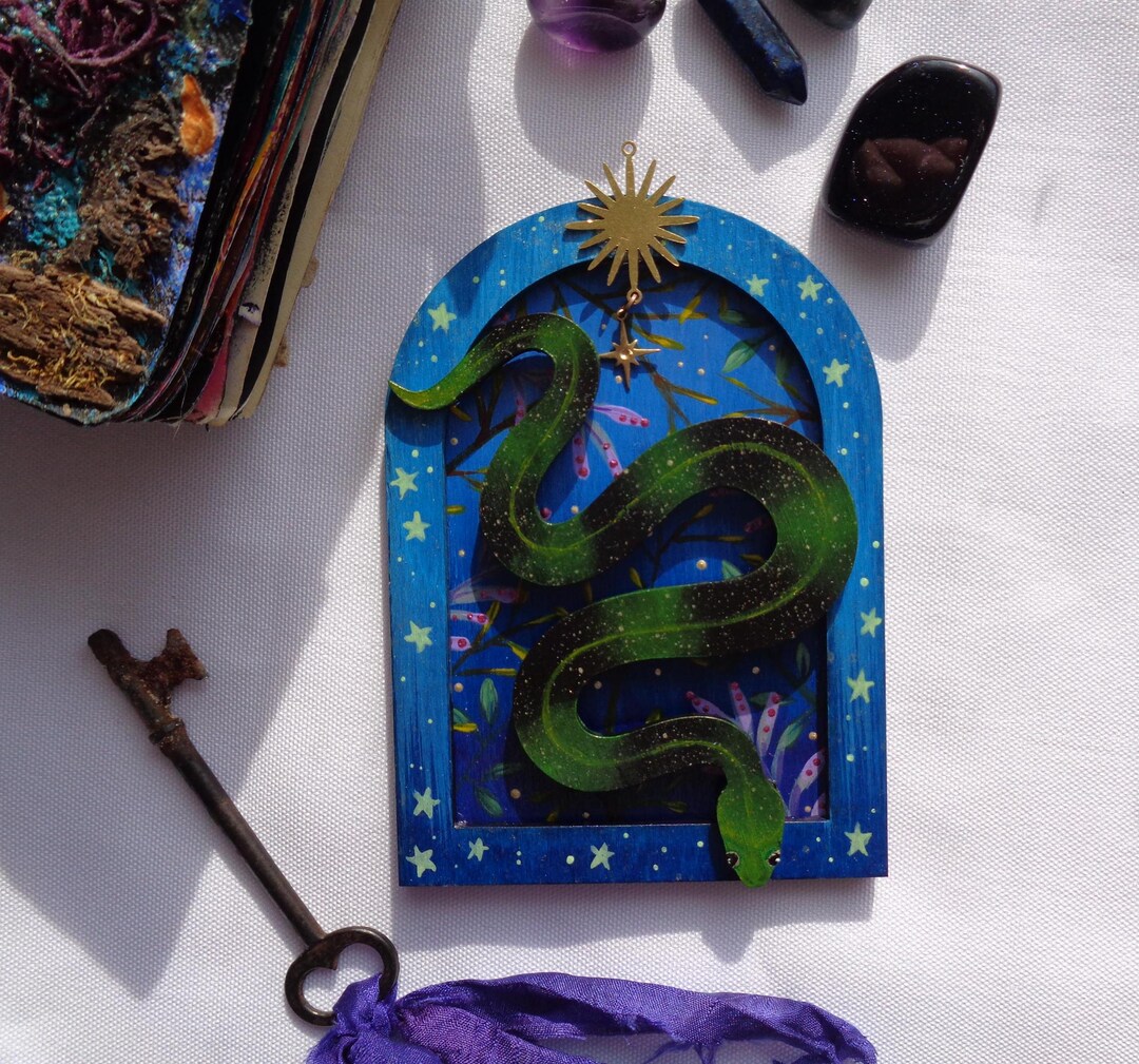 Snake Painting on Arched Wood Panel, Serpent Decor, Small Wall Art ...