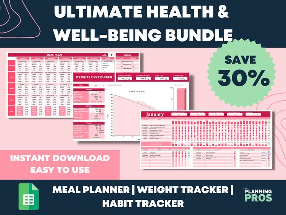Ultimate Health & Well-being Bundle Pink Weekly Meal Planner - Etsy