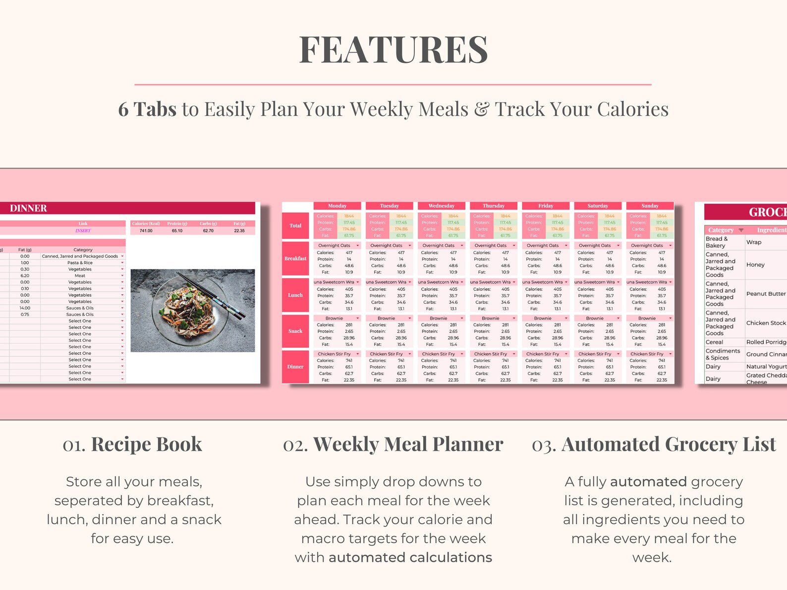 Calorie & Macro Tracker Meal Planner With Grocery List | Calorie ...