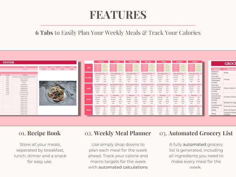 Calorie & Macro Tracker Meal Planner With Grocery List | Calorie ...