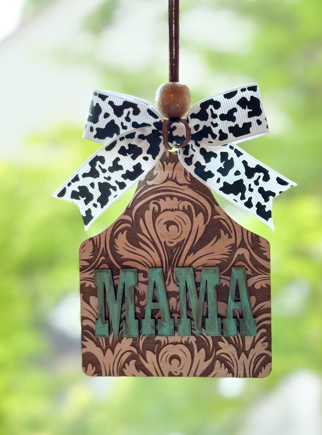 Rustic Mama Car Charm: Tooled Leather Look, Engraved Wood, Cow Print - Etsy