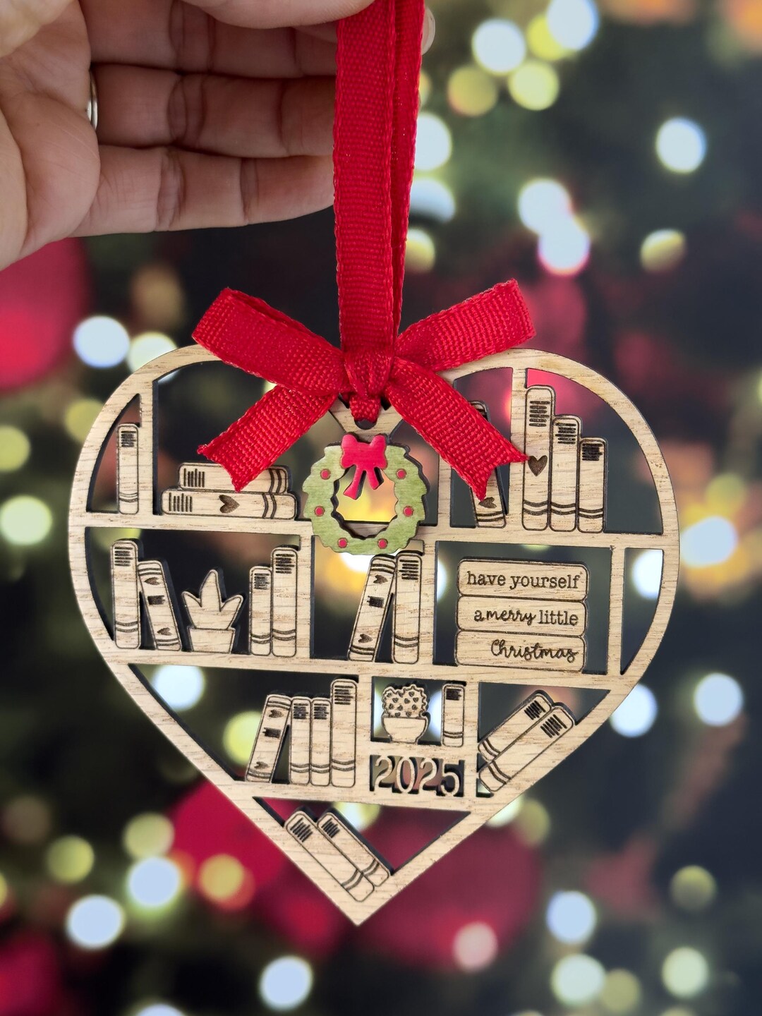 Heart Bookcase Christmas Ornament: Red Oak Librarian Gift - Etsy