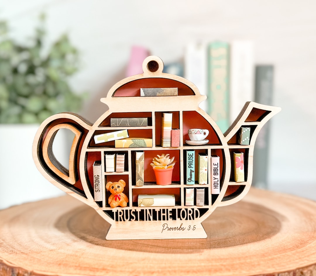 Mini Teapot Bookshelf, 3-D Wood Mini Bookshelf, Gift for Her, Book ...