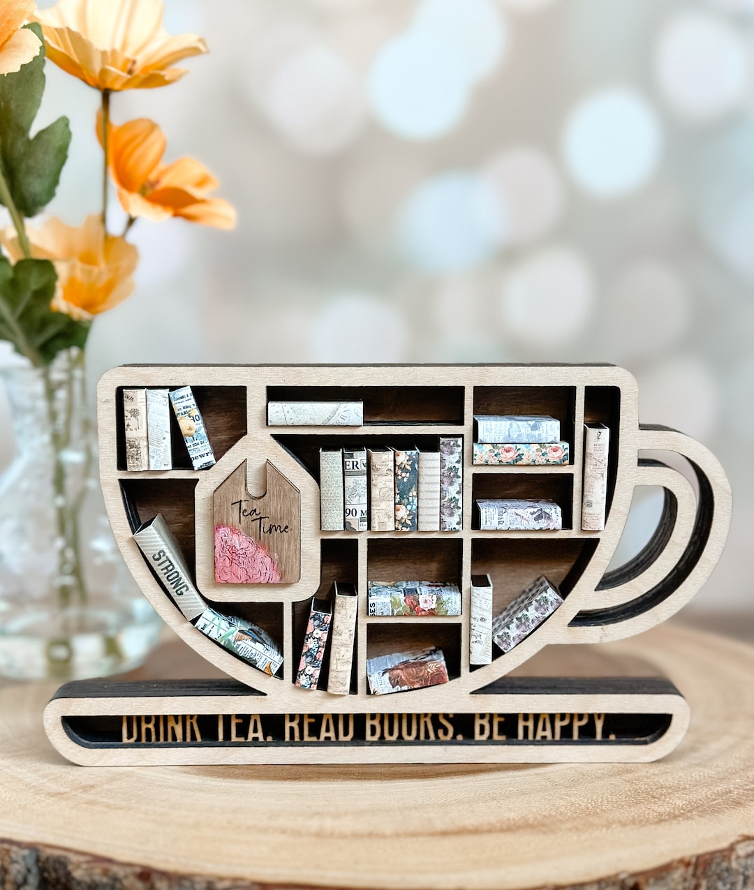 Tea Cup Mini Bookshelf, 3D Wood Mini Bookshelf, Tea Cup Bookshelf, Book ...