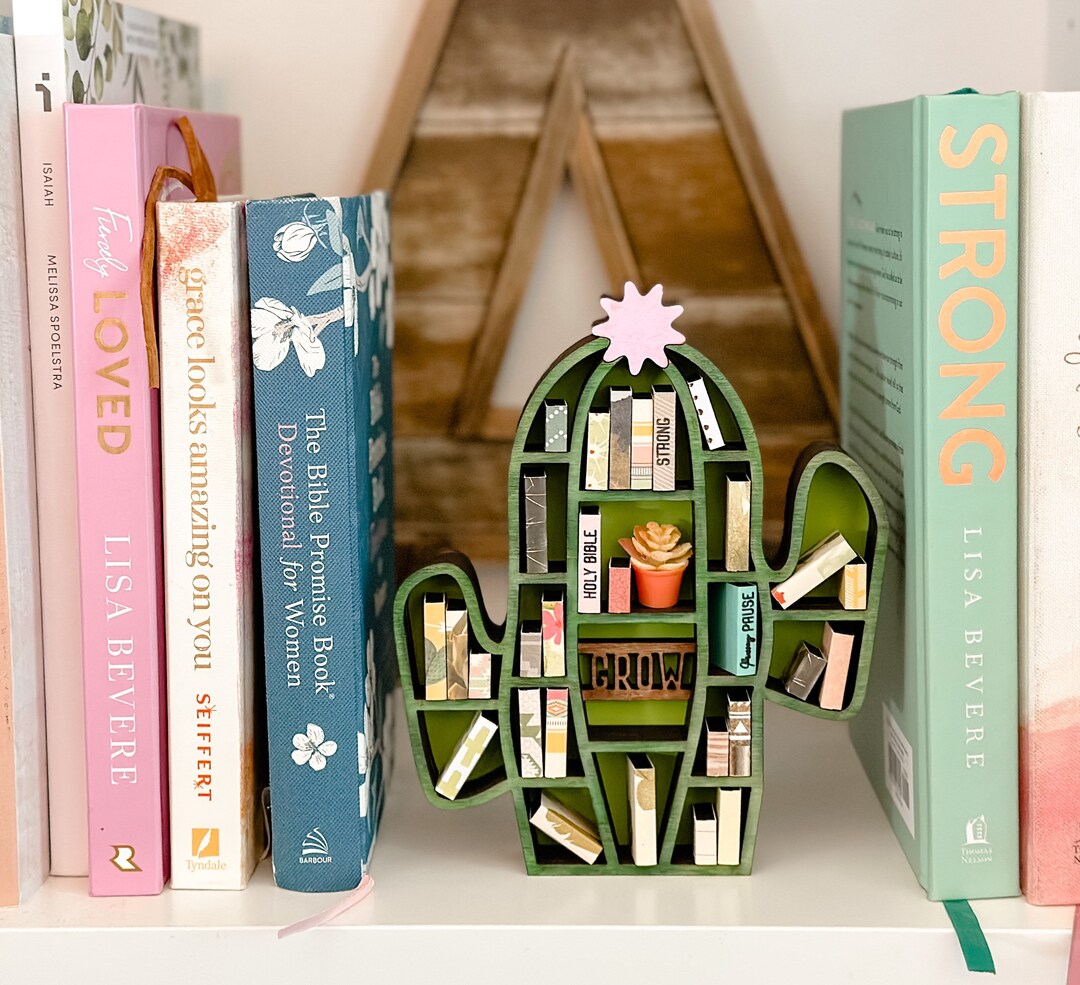 Mini Cactus Bookshelf, 3-D Wood Mini Bookshelf, Book Lover Gift, Mini ...
