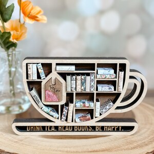 Tea Cup Mini Bookshelf, 3D Wood Mini Bookshelf, Tea Cup Bookshelf, Book ...