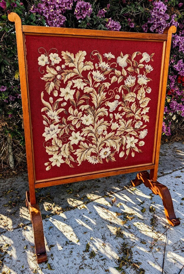 1920s French Needlepoint Antique Fire Screen Floral Tapestry Lillies ...