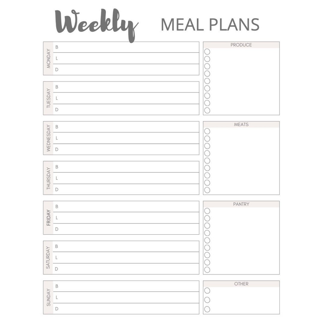 Weekly Meal Planner (black & White) - Etsy