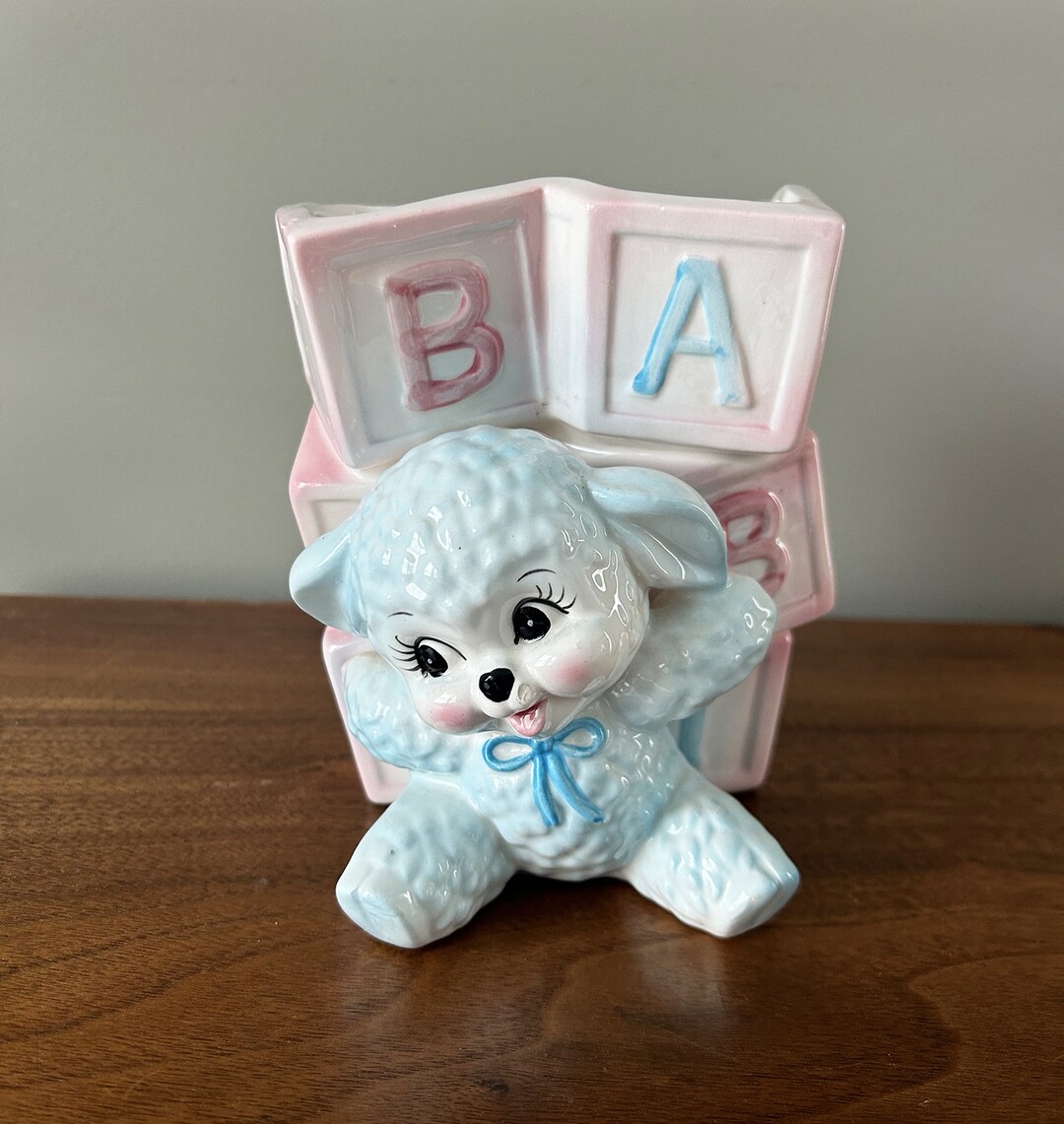 Vintage Lefton Baby Blocks With Blue Lamb Vase Planter Nursery H6365 - Etsy