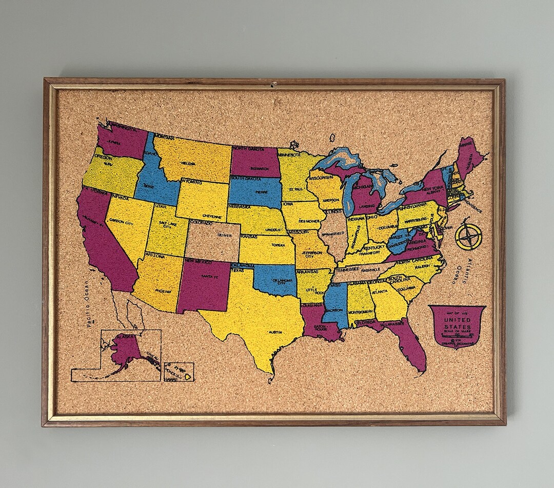 Vintage Framed Corkboard Map of the United States Bulletin Board C 1974 ...
