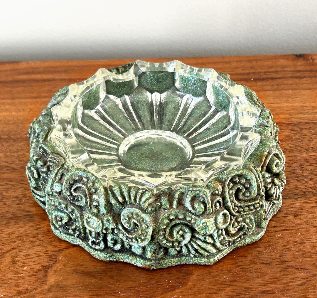 Vintage Zarebski Mexican Aztec Mayan Stone Malachite Ashtray With Glass ...
