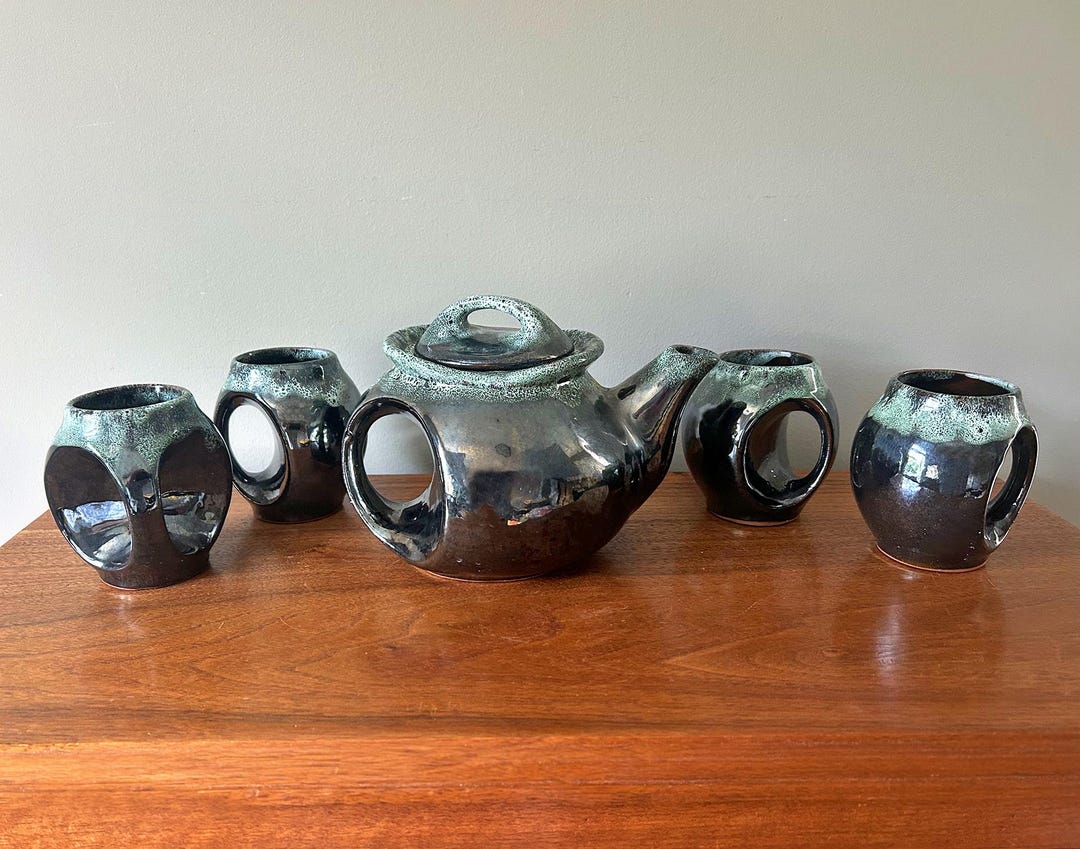 Vintage Stoneware Holkham Pottery Style Owl Eye Teapot Coffee Set With ...