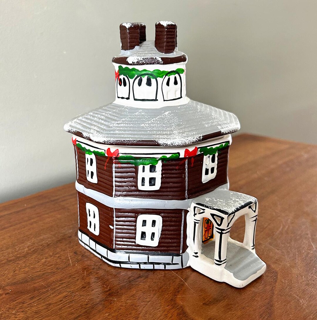 Vintage Christmas Village Octagon House Container Candy Dish With Lid ...