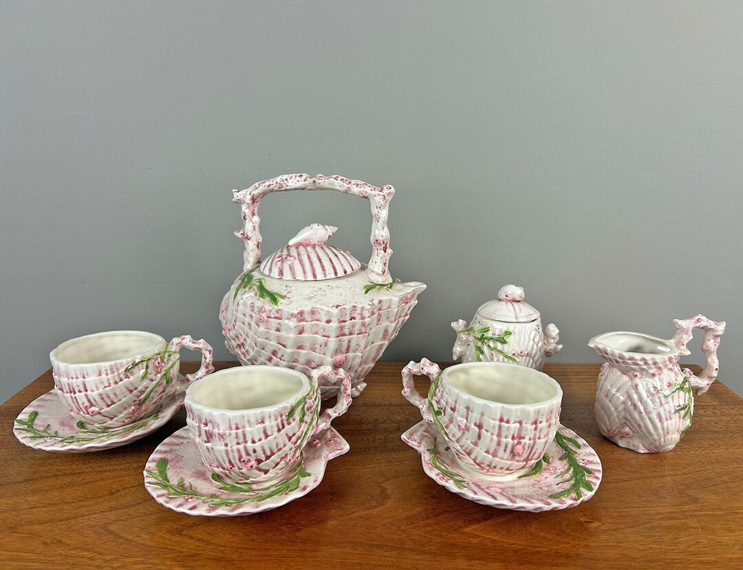 Vintage Ceramic Seashell Nautical Tea Set - Tea Pot - Creamer - Sugar ...