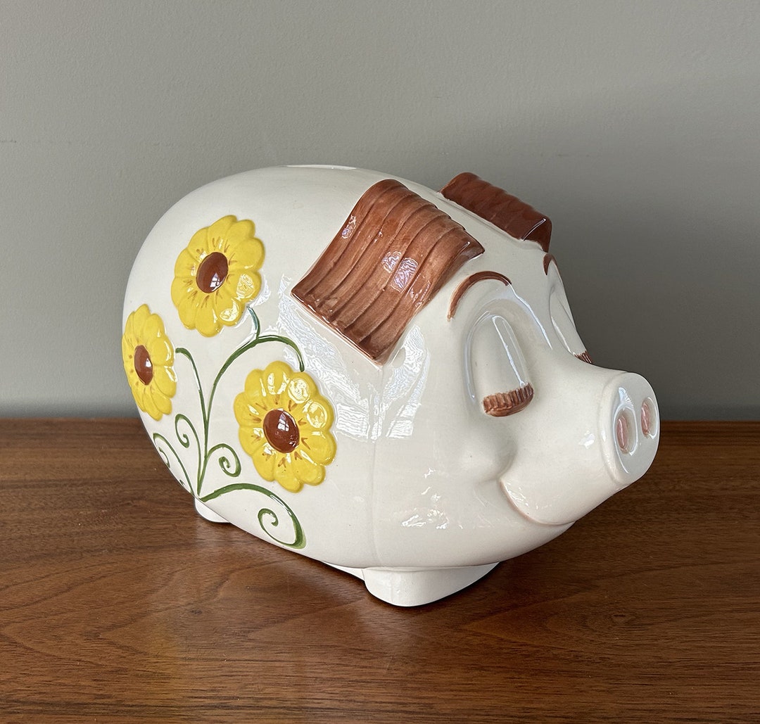 Vintage Giant Ceramic Piggy Bank With Flowers TCM 1979 - Etsy