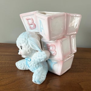 Vintage Lefton Baby Blocks With Blue Lamb Vase Planter Nursery H6365 - Etsy
