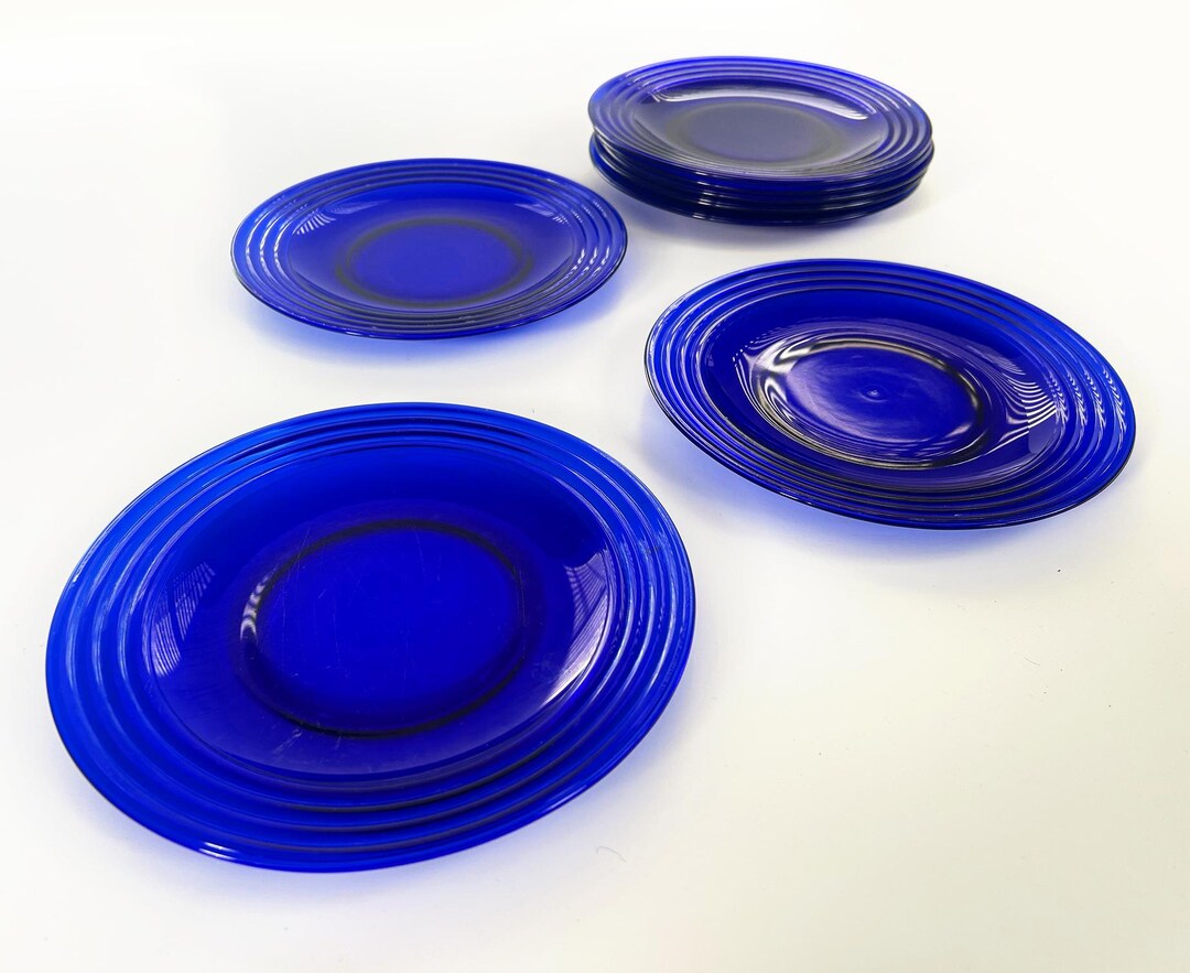 Vintage Set of 8 Bormioli Rocco Forum 8 Sapphire Cobalt Blue Ringed ...