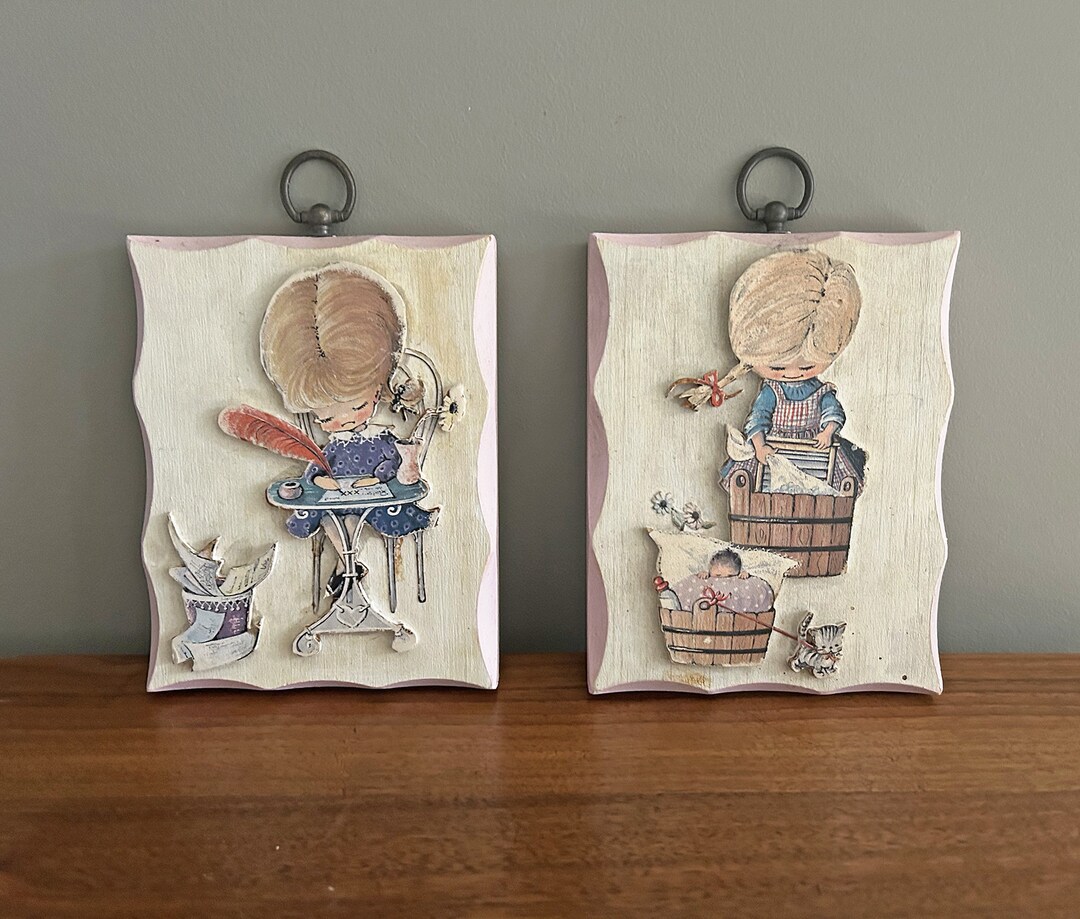 Vintage Pair of Dimensional Decoupage Girl Illustrations on Wood ...