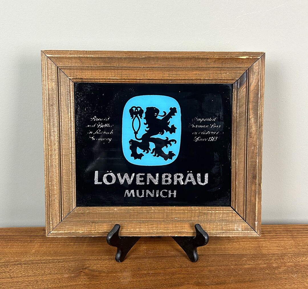 Vintage Lowenbrau Munich Beer Glass Sign Framed Reverse Painted Glass ...