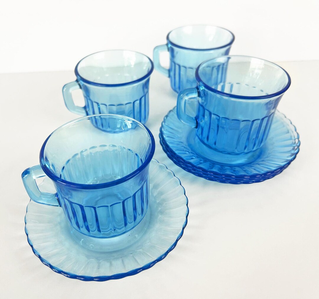 Vintage Fortecrisa Blue Azure Glass Cups and Saucers - Set of 4 - Etsy