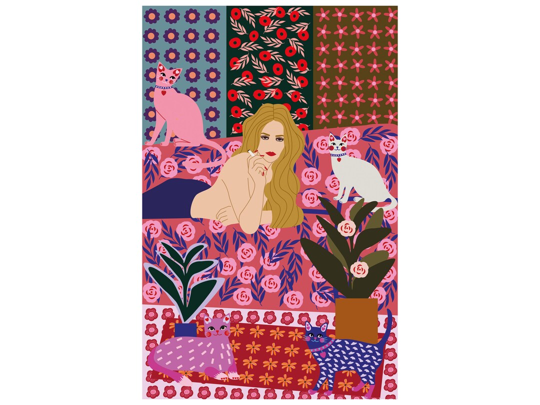 Cat Girl Wall Art Retro Nude Woman Art Print Illustration Vintage