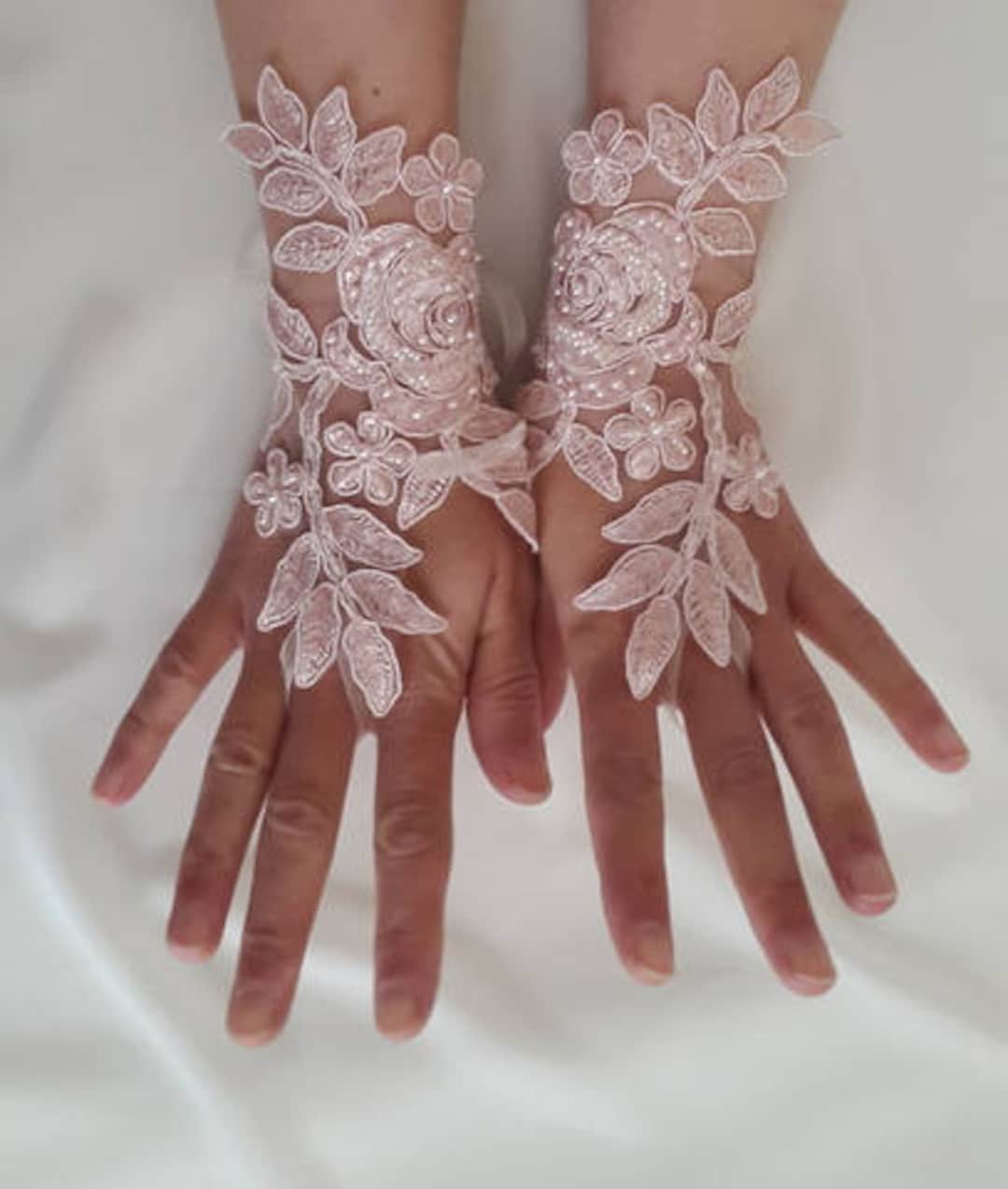 Wedding Glove Beaded Pink, Lace Wedding Gloves, Costume Gloves ...