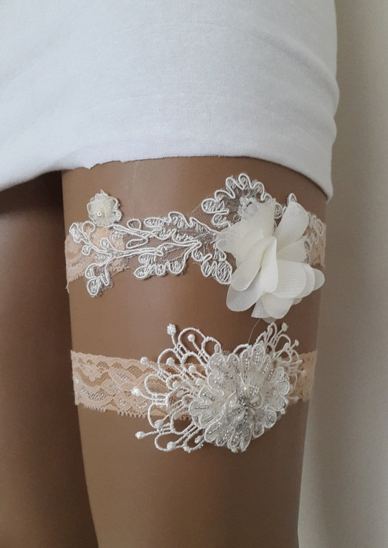 Wedding lingerie garters ivory peach lace wedding | Etsy