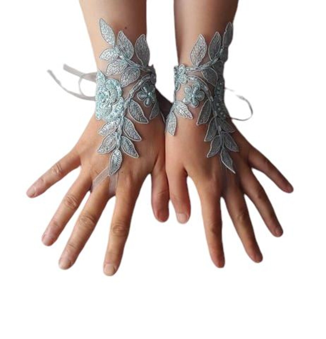 Wedding Glove Beaded Mint Green, Lace Wedding Gloves, Costume Gloves ...