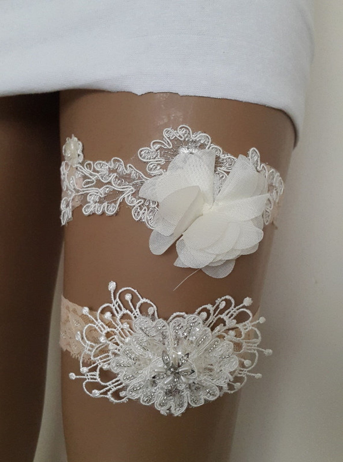 Wedding lingerie garters ivory peach lace wedding | Etsy