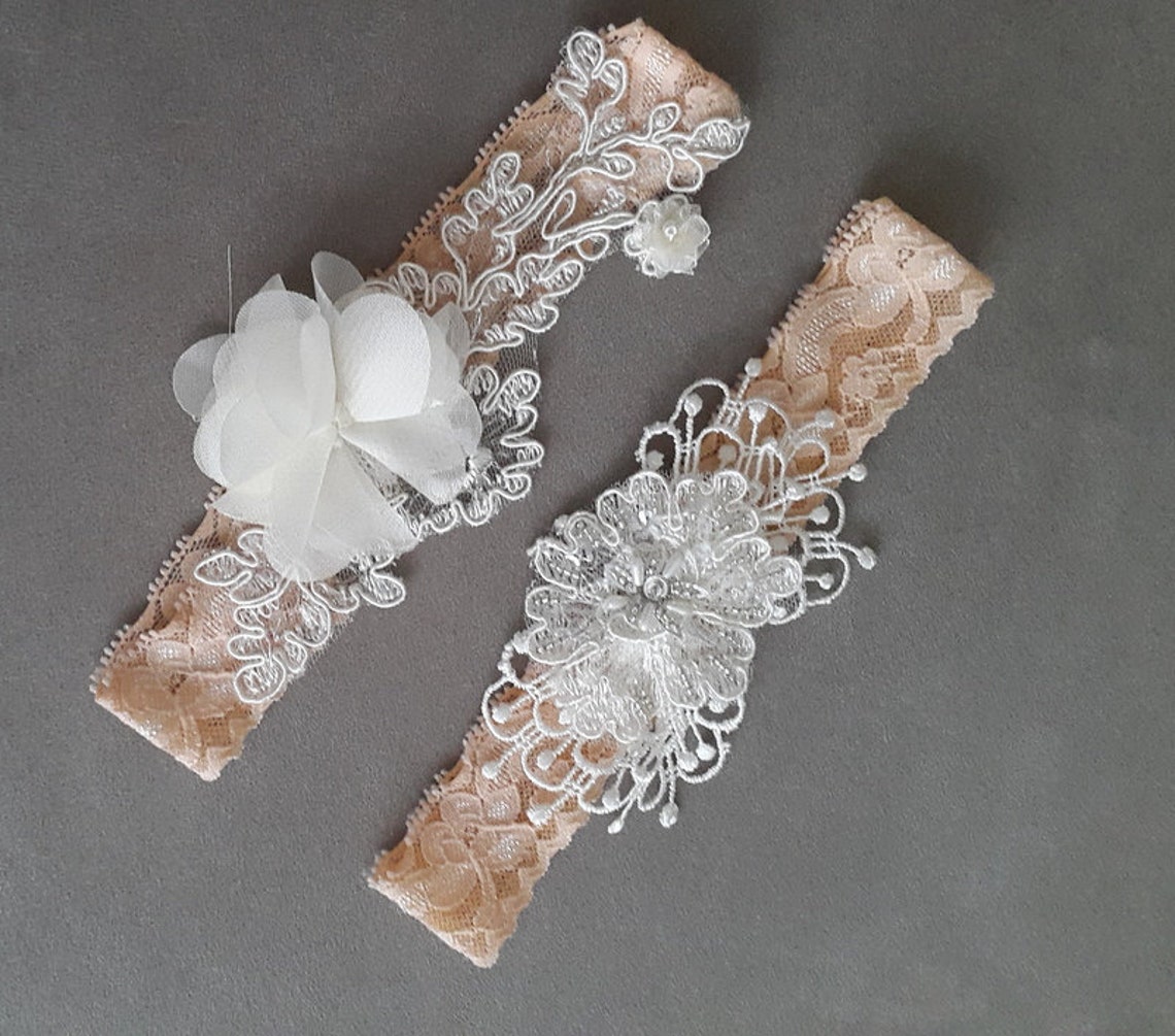 Wedding lingerie garters ivory peach lace wedding | Etsy