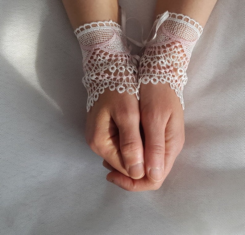 Wedding pink wrist cuffs bridal glovespeach lacecustom | Etsy