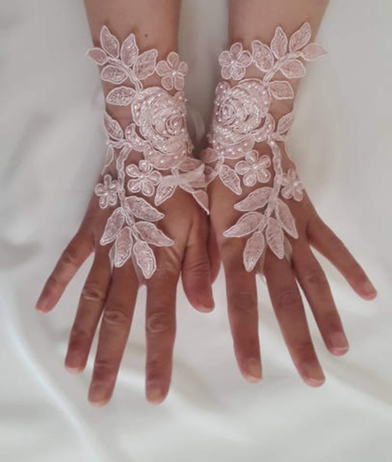 Wedding Glove Beaded Pink, Lace Wedding Gloves, Costume Gloves ...