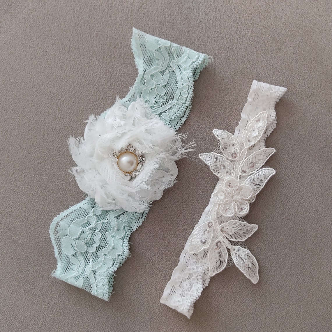 Toss Garters, Mint Green, Rhinestone, Lace, Wedding Garters, Bridal ...