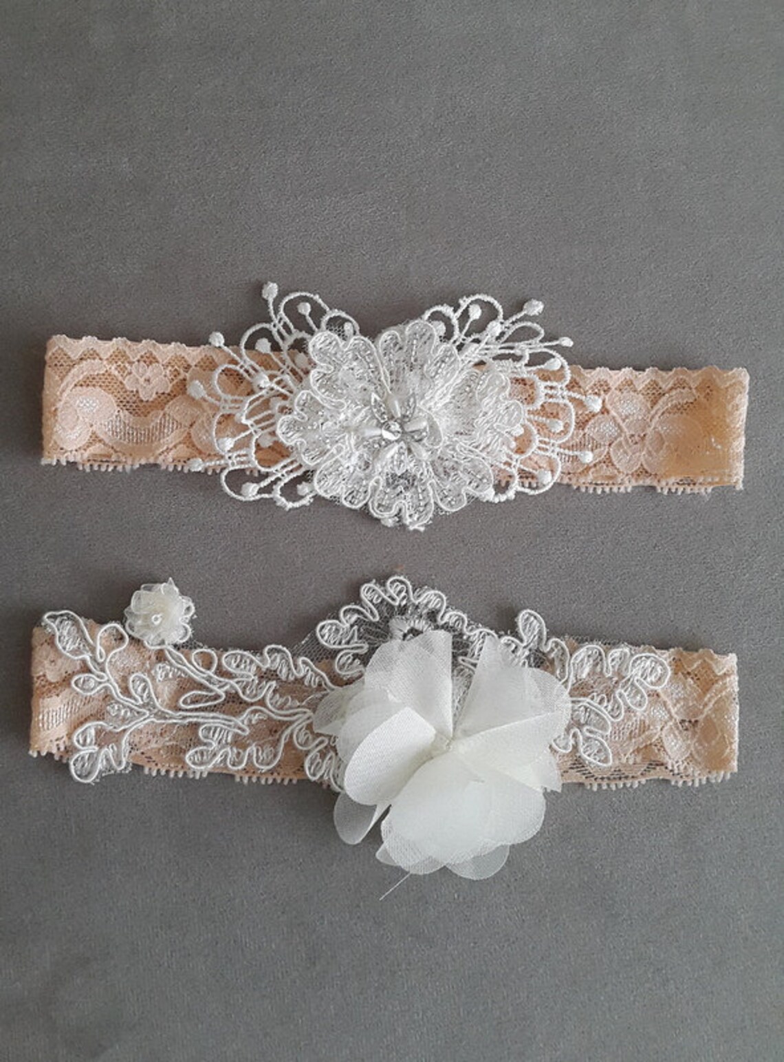 Wedding lingerie garters ivory peach lace wedding | Etsy