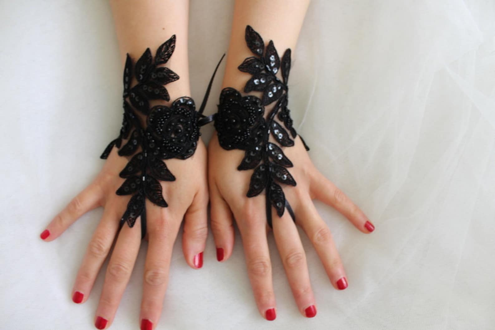 Gothic Gloves Beaded Black, Lace Wedding Gloves, Costume Gloves ...
