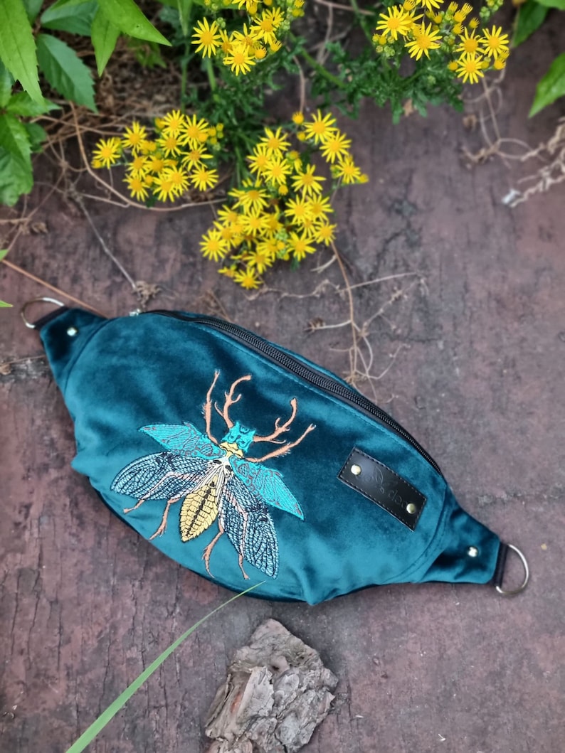 Teal Waist Pack Embroidered Beetle, Aquamarine Velvet Bum Bag With ...
