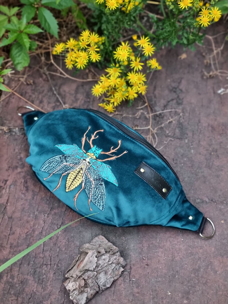 Teal Waist Pack Embroidered Beetle, Aquamarine Velvet Bum Bag With ...