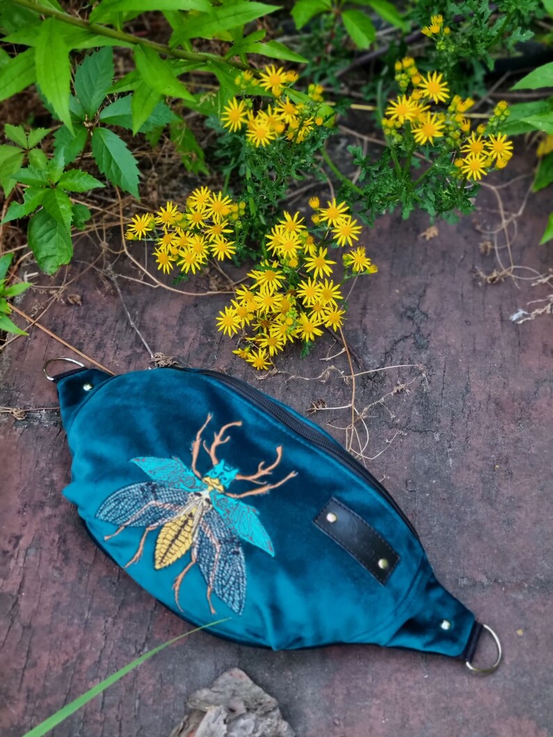 Teal Waist Pack Embroidered Beetle, Aquamarine Velvet Bum Bag With ...