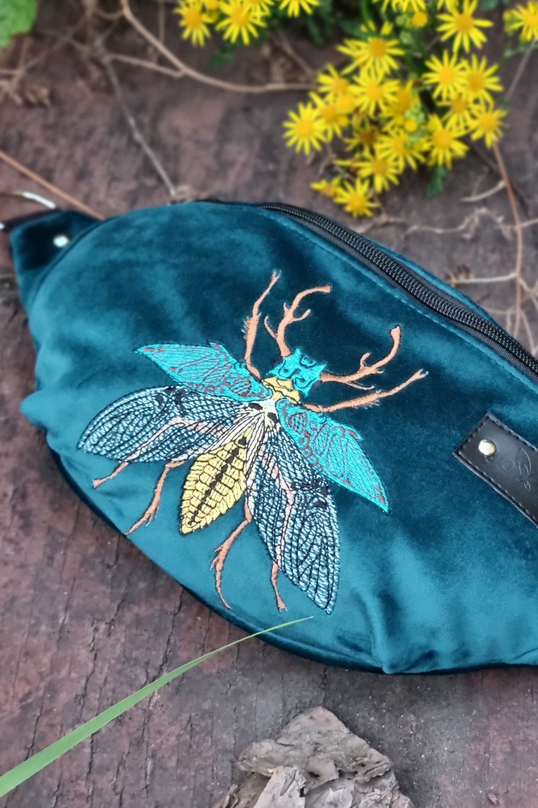 Teal Waist Pack Embroidered Beetle, Aquamarine Velvet Bum Bag With ...