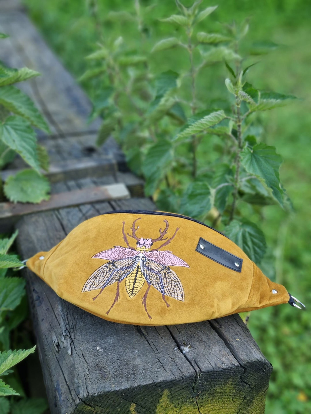 Stag Beetle Fanny Pack, Mustard Velvet Waist Bag, Embroidered Insect ...