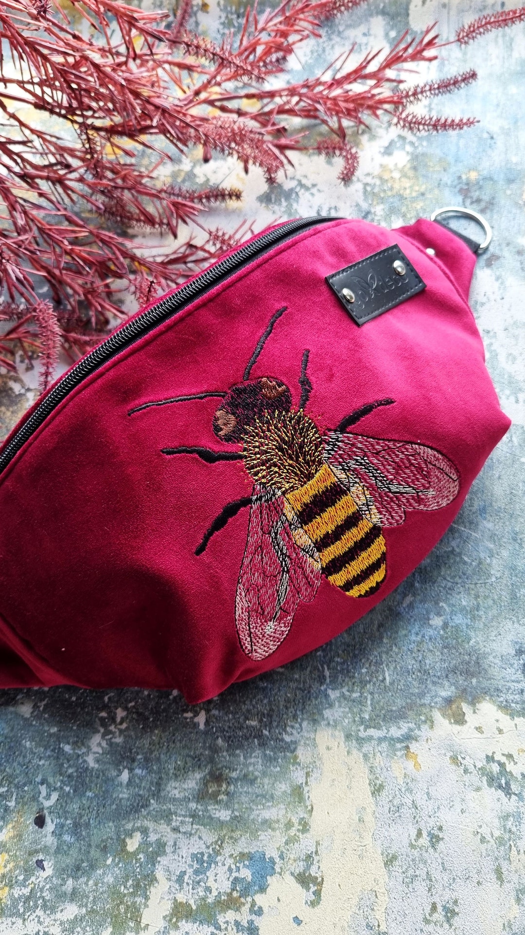 Fanny Pack Embroidered Bee, Red Velvet Hip Bag With Honey Bee, Velvet ...