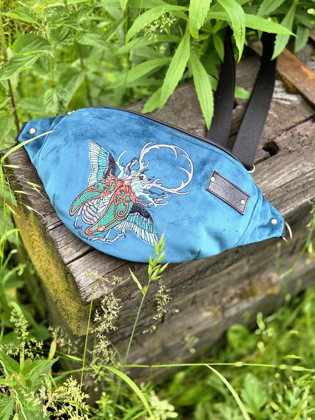 Blue Stag Beetle Fanny Pack, Embroidered Insect Waist Bag, Teal Velvet ...