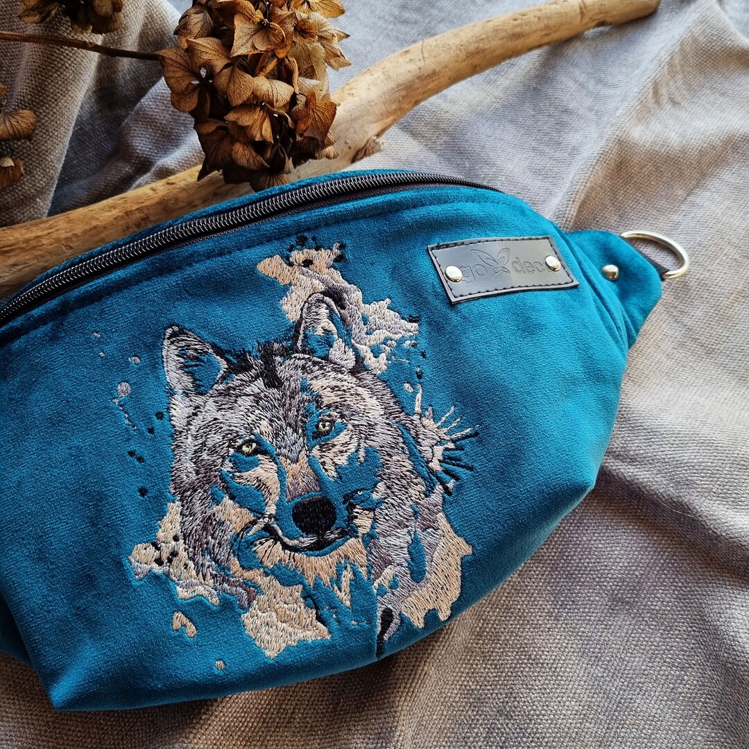 Fanny Pack Embroidered Wolf, Teal Blue Velvet Hip Bag, Wild Wolf Belly ...