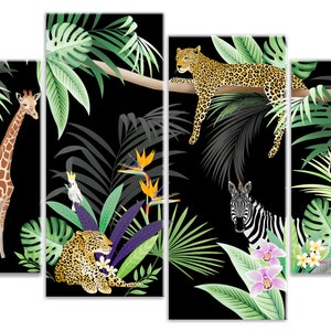 Leopard Giraffe Zebra & Tiger Jungle Animal Tropical Plant Illustration ...