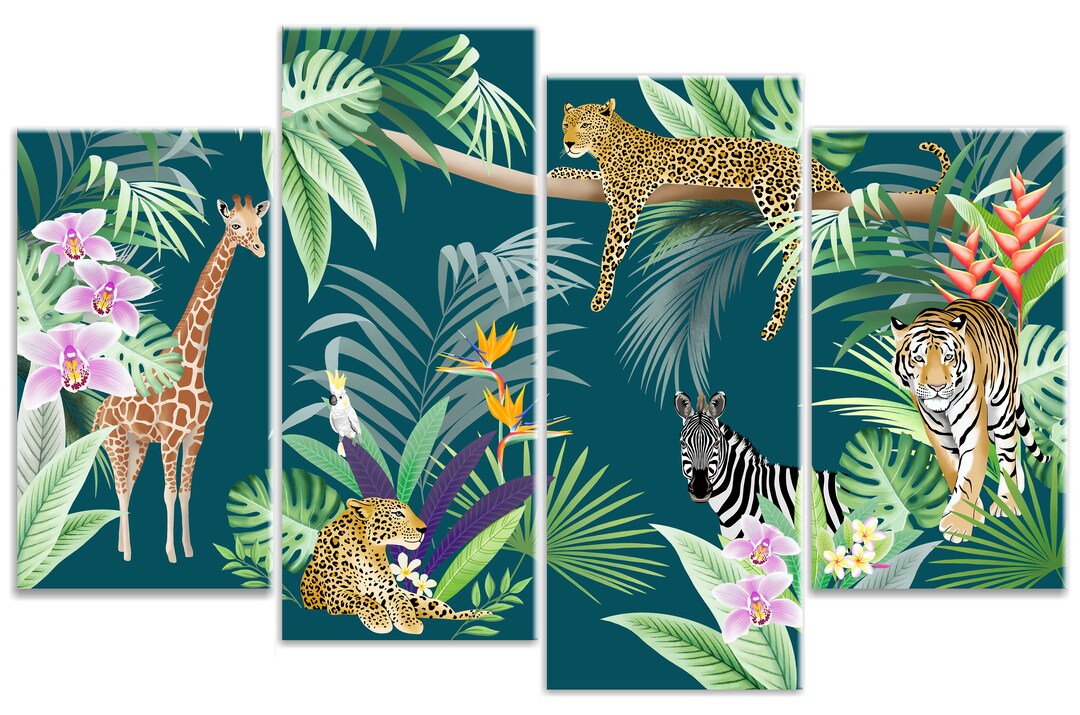 Leopard Giraffe Zebra & Tiger Jungle Animal Tropical Plant Illustration ...