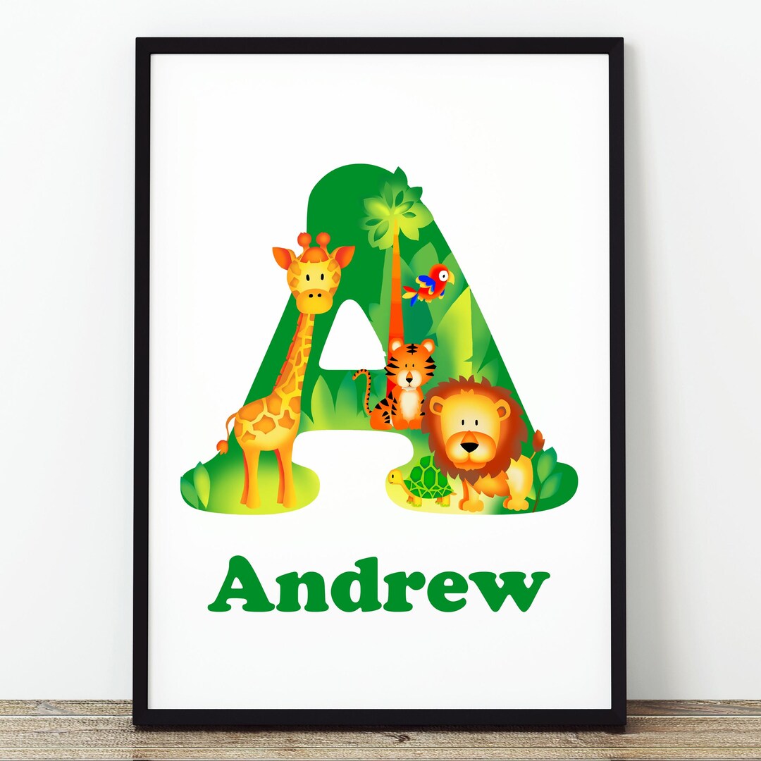 Personalised Jungle Animal Alphabet Print Children's Name Letter ABC ...