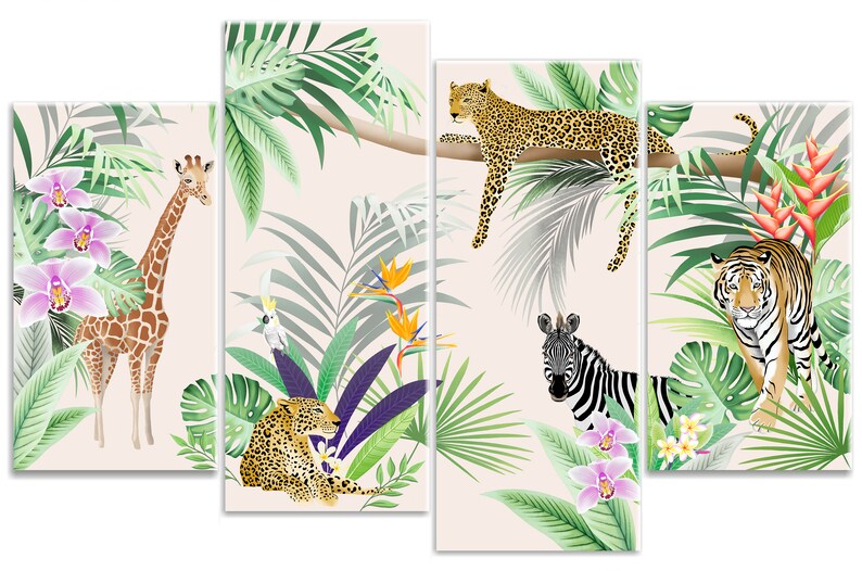 Leopard Giraffe Zebra & Tiger Jungle Animal Tropical Plant Illustration ...