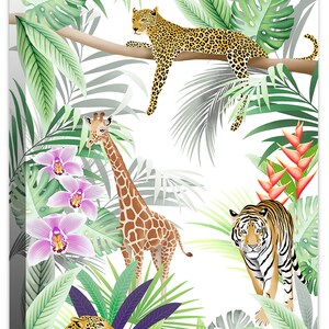 Leopard Giraffe Zebra & Tiger Jungle Animal Tropical Plant Illustration ...