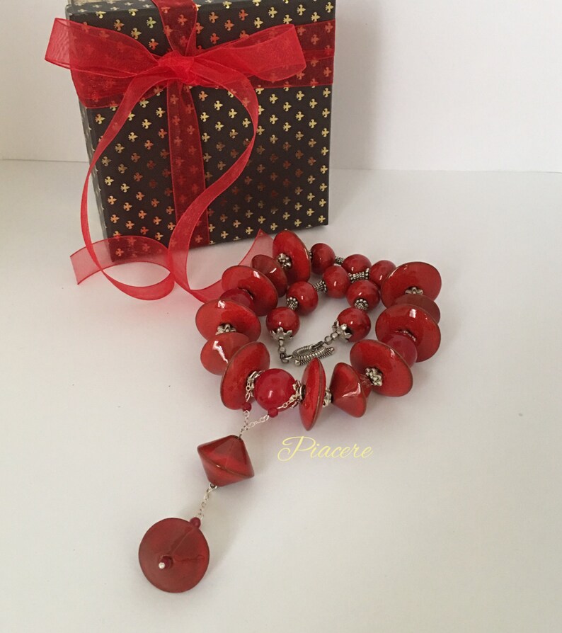 Beautiful Deep Red Greek Enameled Ceramic Mykonos Beads and Carnelian ...